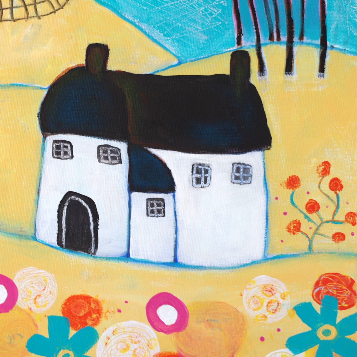 Naive Landscape, Summer Painting, Floral Artwork, Cottages and Deer ...