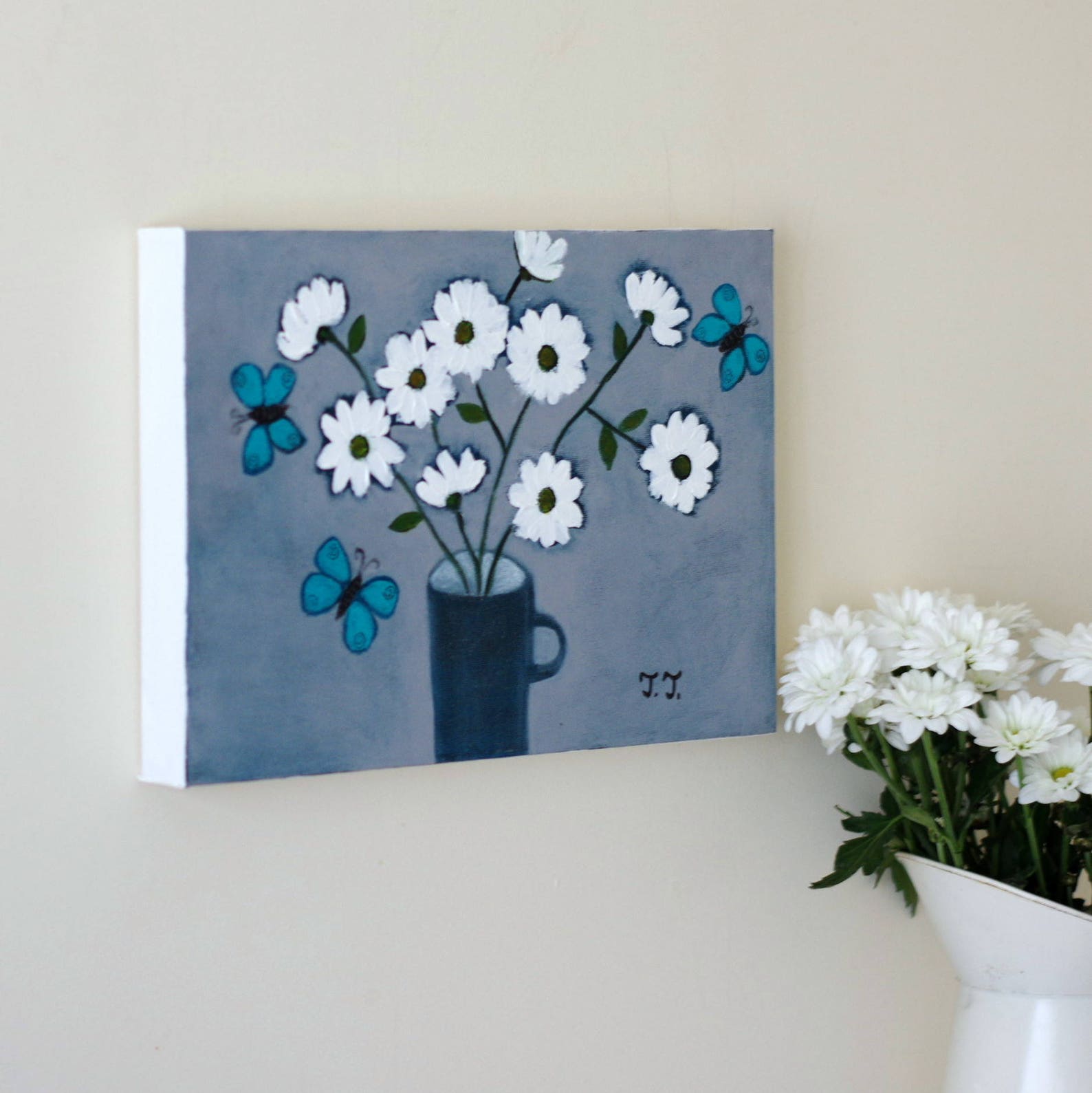 Grey Floral Painting, White Daisy Artwork, Turquoise Butterflies, White ...