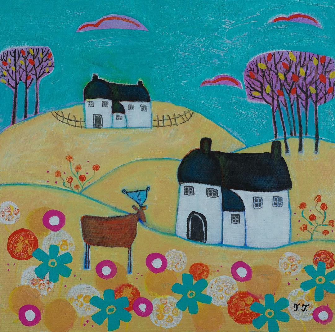 Naive Landscape, Summer Painting, Floral Artwork, Cottages and Deer ...