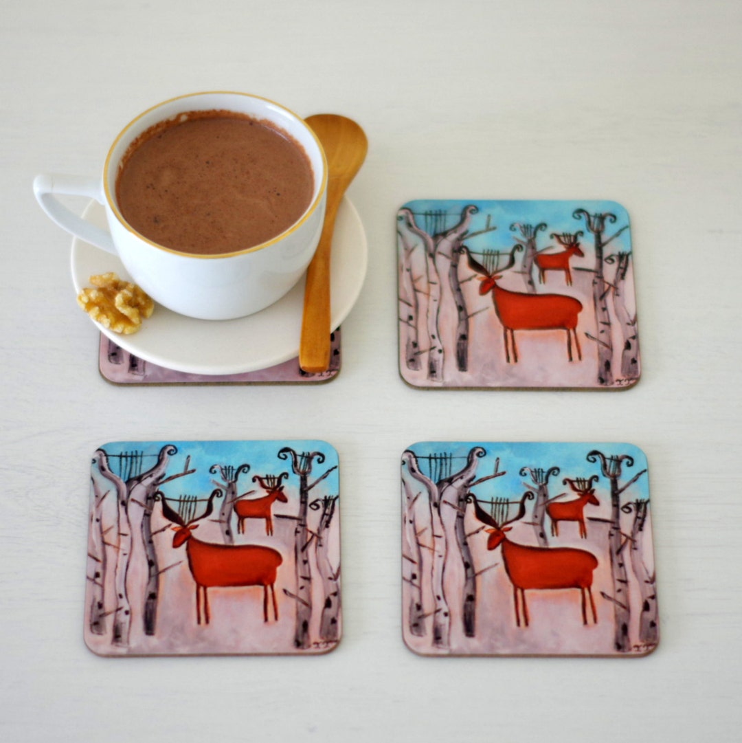 Deer Coasters Set of 4, Animal Art Coasters, Artist Paintings Wooden ...