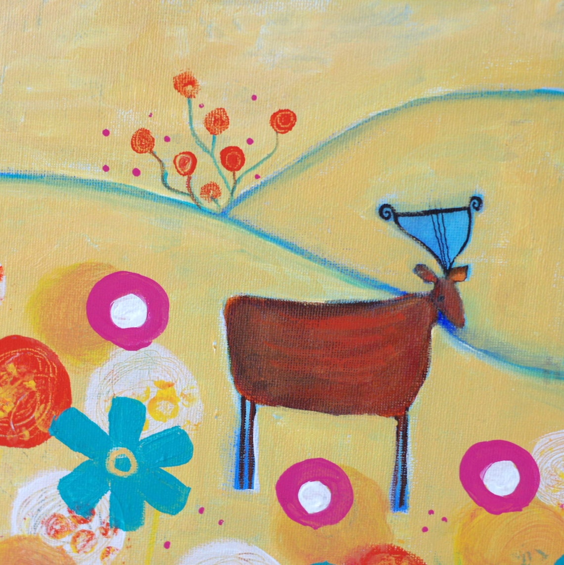 Naive Landscape, Summer Painting, Floral Artwork, Cottages and Deer ...