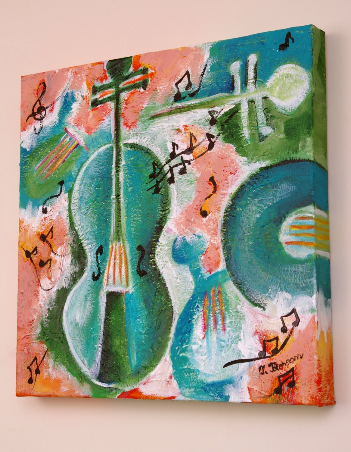 Music Painting, Violin Mixed Media Artwork, Turquoise and Pink Original ...