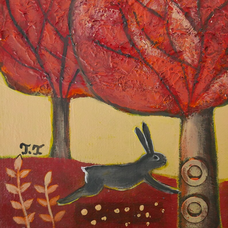 Rabbit Illustration Landscape Painting Autumn Countryside - Etsy
