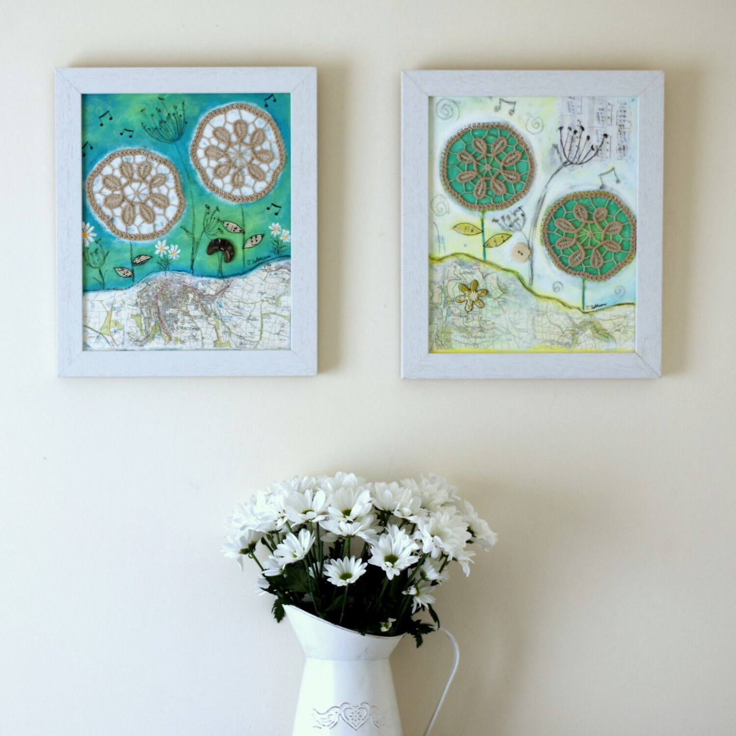 Whimsical Painting, Folk Art, Rustic Style Artwork, Framed Shabby Chic ...