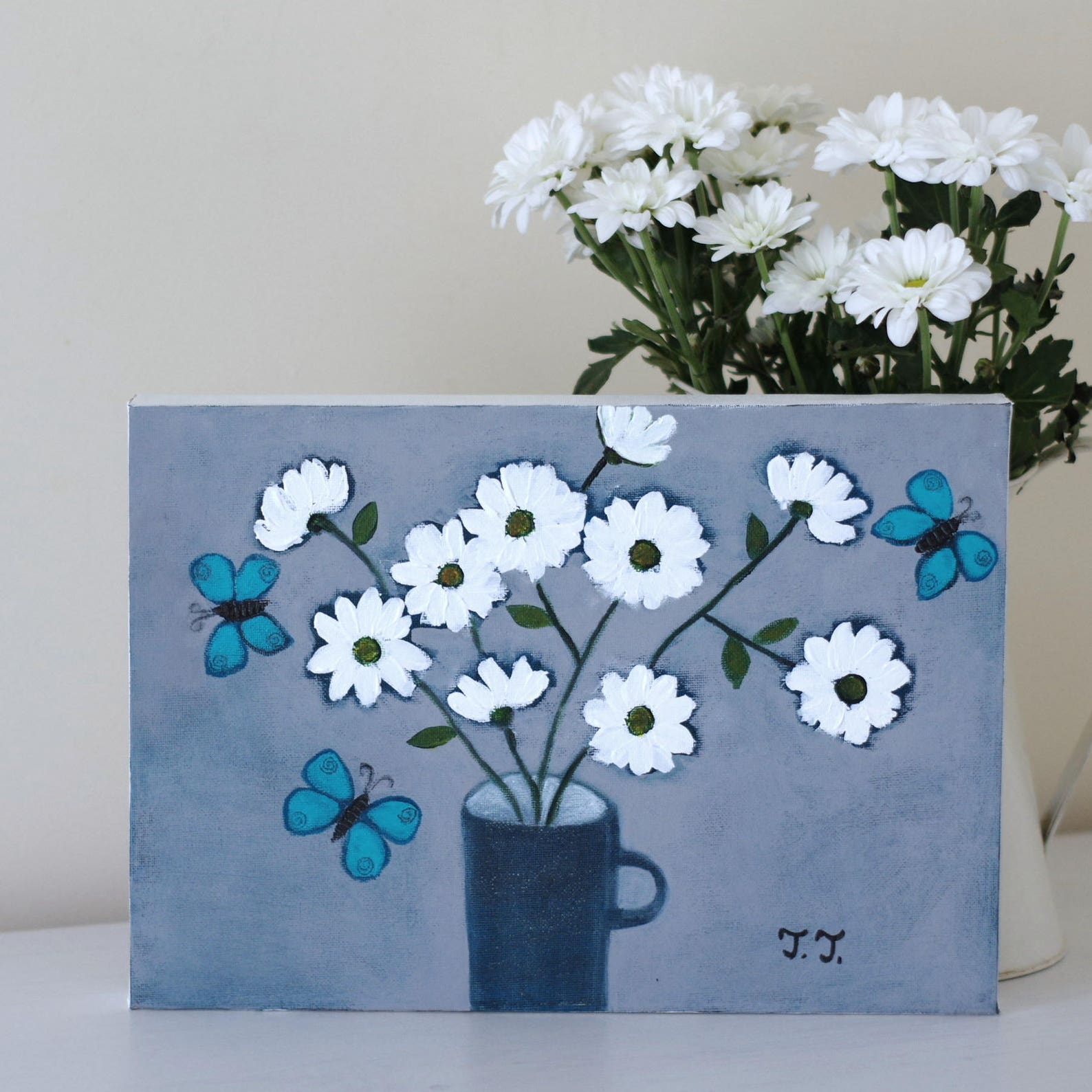 Grey Floral Painting White Daisy Artwork Turquoise - Etsy