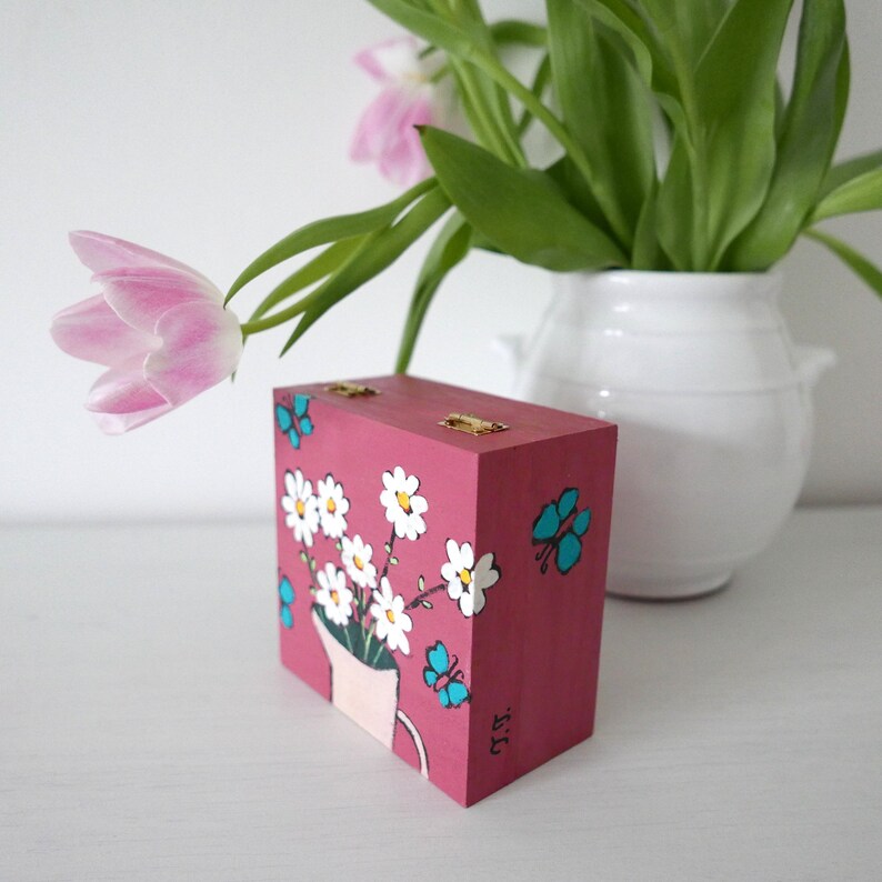Dusty Pink Wooden Jewellery Box, Pink Trinket Box, Daisy Artwork, White ...
