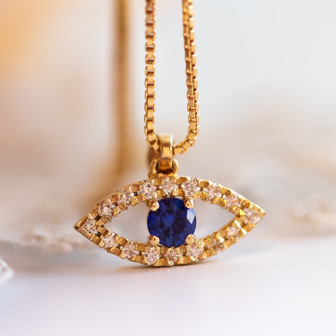 Evil Eye Diamond Necklace, Diamond and Blue Sapphire Pendant Necklace ...