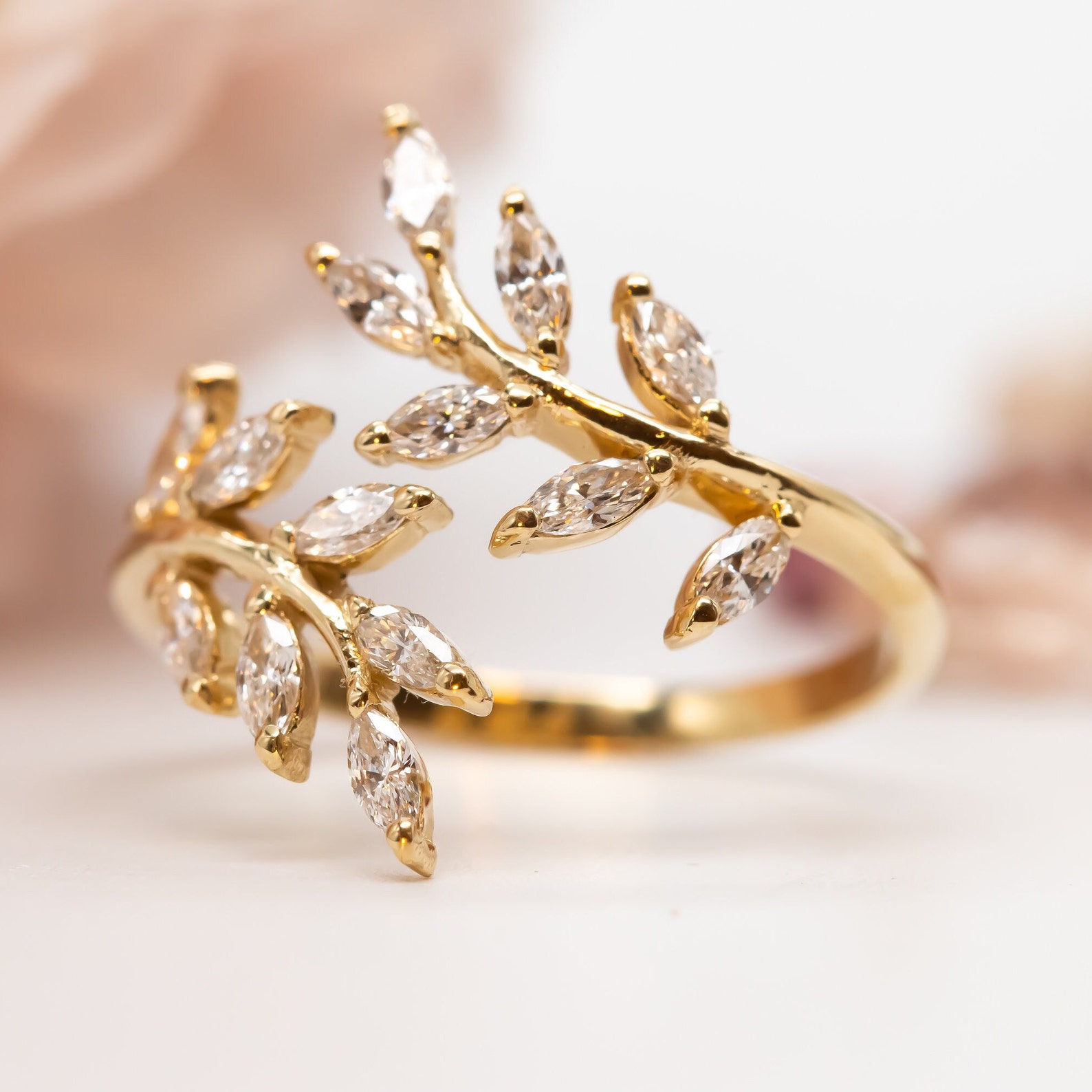 Leaf Diamond Ring, Diamond Open Ring, Leaf Ring With Diamonds, Diamond ...