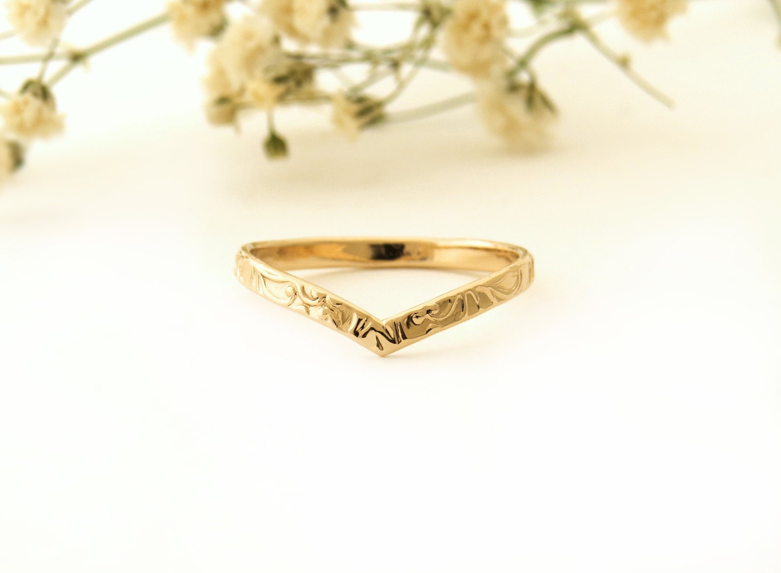 Floral Wedding Ring V Wedding Band Gold V Ring Chevron | Etsy