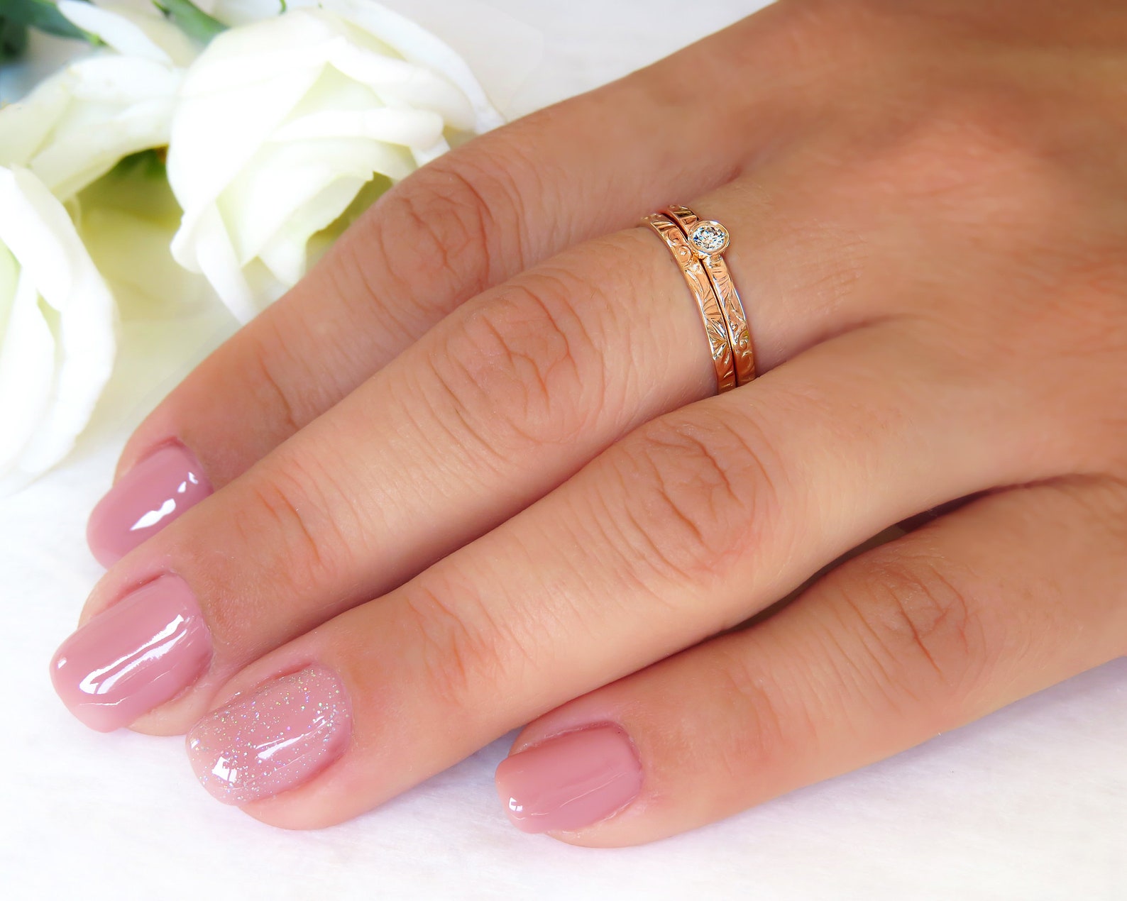 Rose Gold Ring Set Engagement Ring and Wedding Ring Set - Etsy