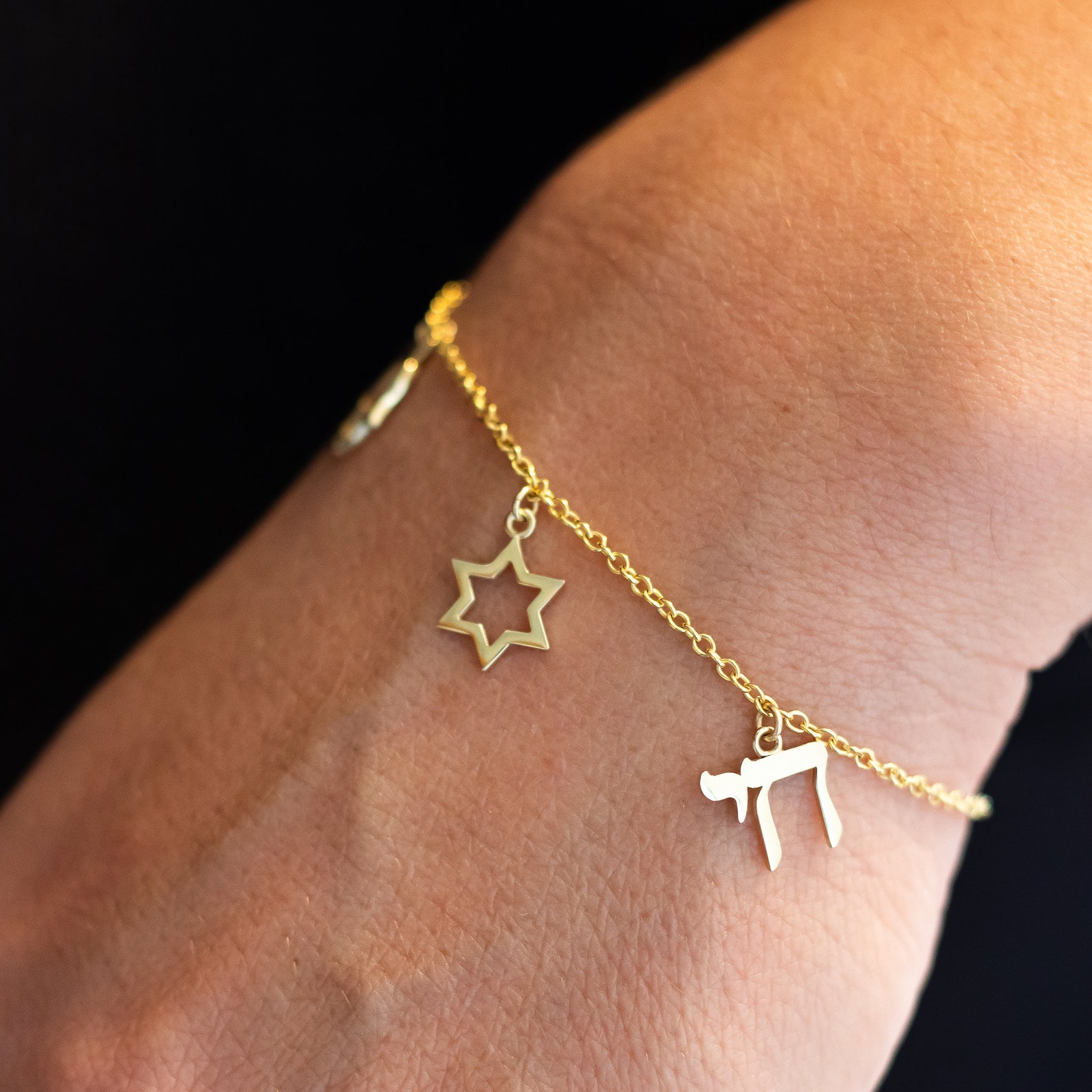 Israeli Charms Gold Bracelet - Magen David, Hamsa, and Chai Charms, 14K ...
