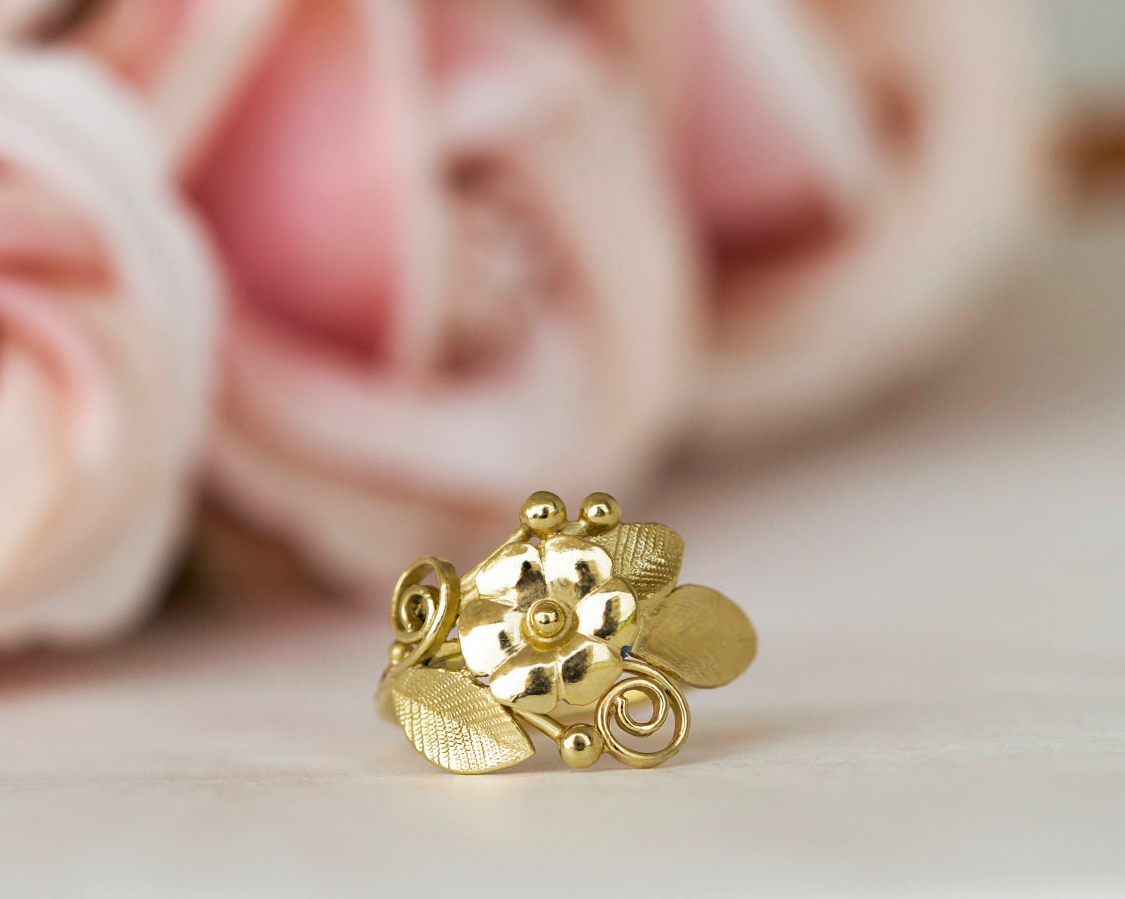 Unique Gold Flower Ring Flower and Leaves Ring Flower Gold - Etsy