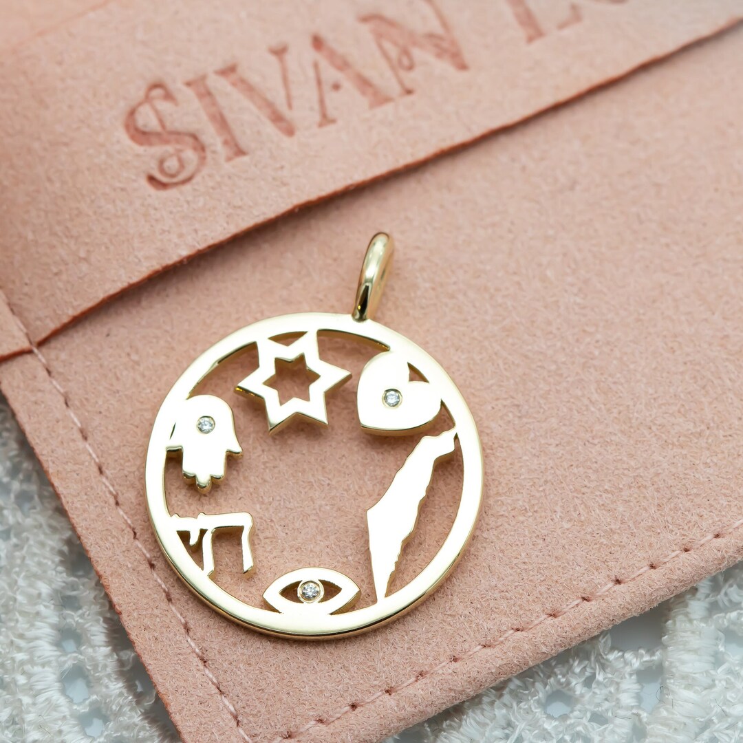 Israel Amulet, Israeli Symbols Pendant Necklace, 14k Gold Pendant ... Israel Amulet, Israeli Symbols Pendant Necklace, 14k Gold Pendant ...