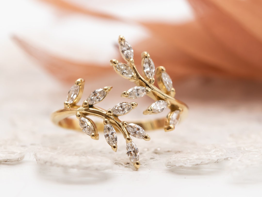 Leaf Diamond Ring, Diamond Open Ring, Leaf Ring With Diamonds, Diamond ...