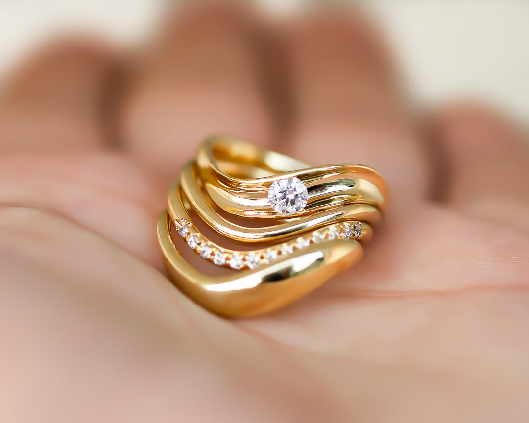 Wave Diamond Ring Set, 14k Gold Diamond Ring Set, Wave Gold Rings, Wave ...