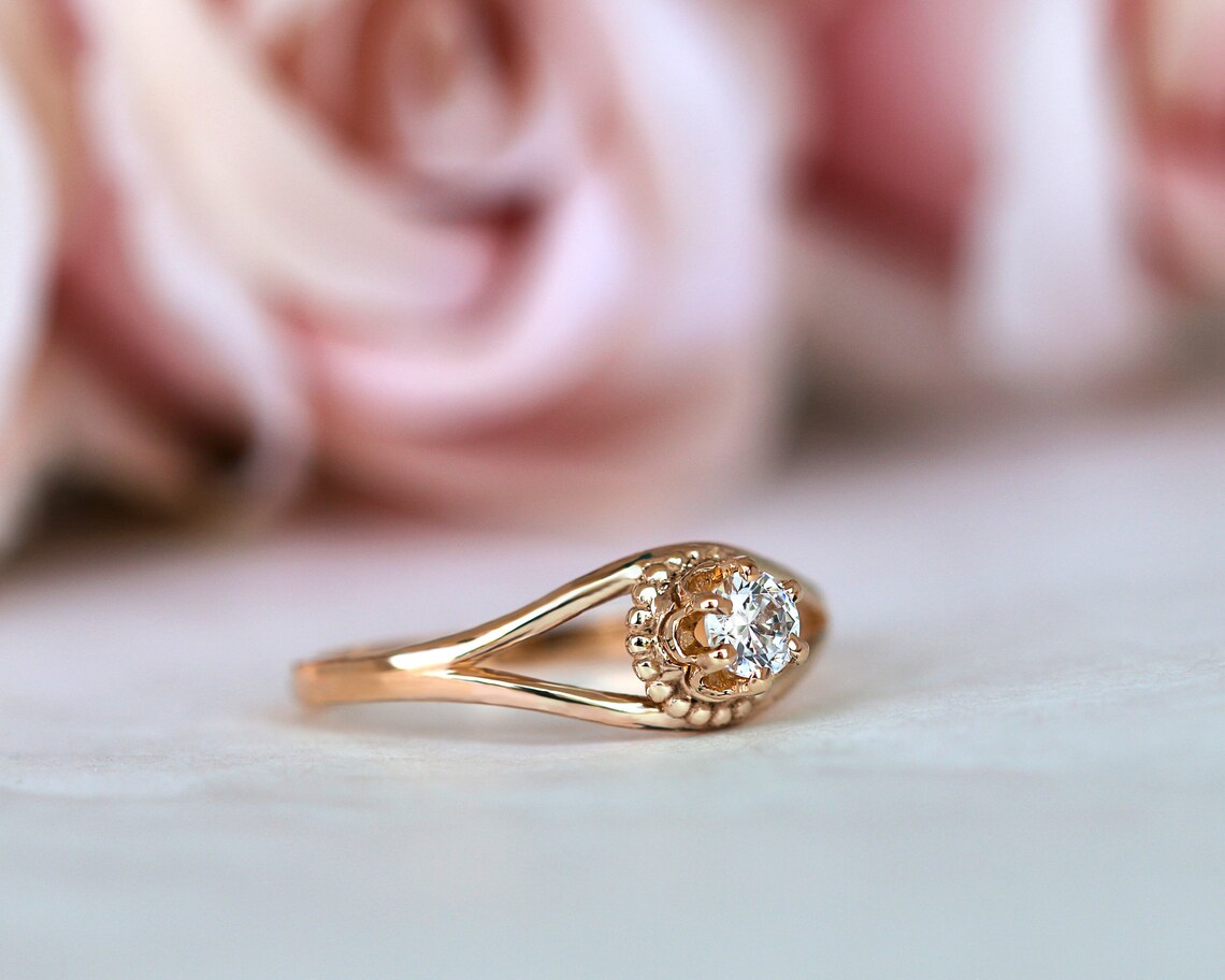 Rose Gold Diamond Ring Vintage Engagement Ring Antique Style | Etsy