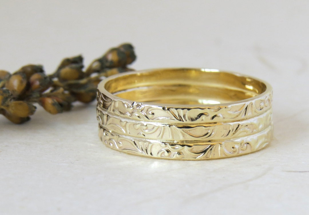 Gold Wedding Ring, Floral Wedding Band, Wide Band in 14k Solid Gold ...