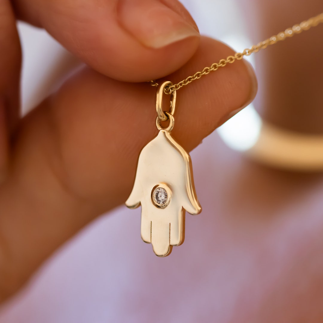 Hamsa Necklace, 14K Gold Hamsa Pendant With Diamond, Lucky Charm ...
