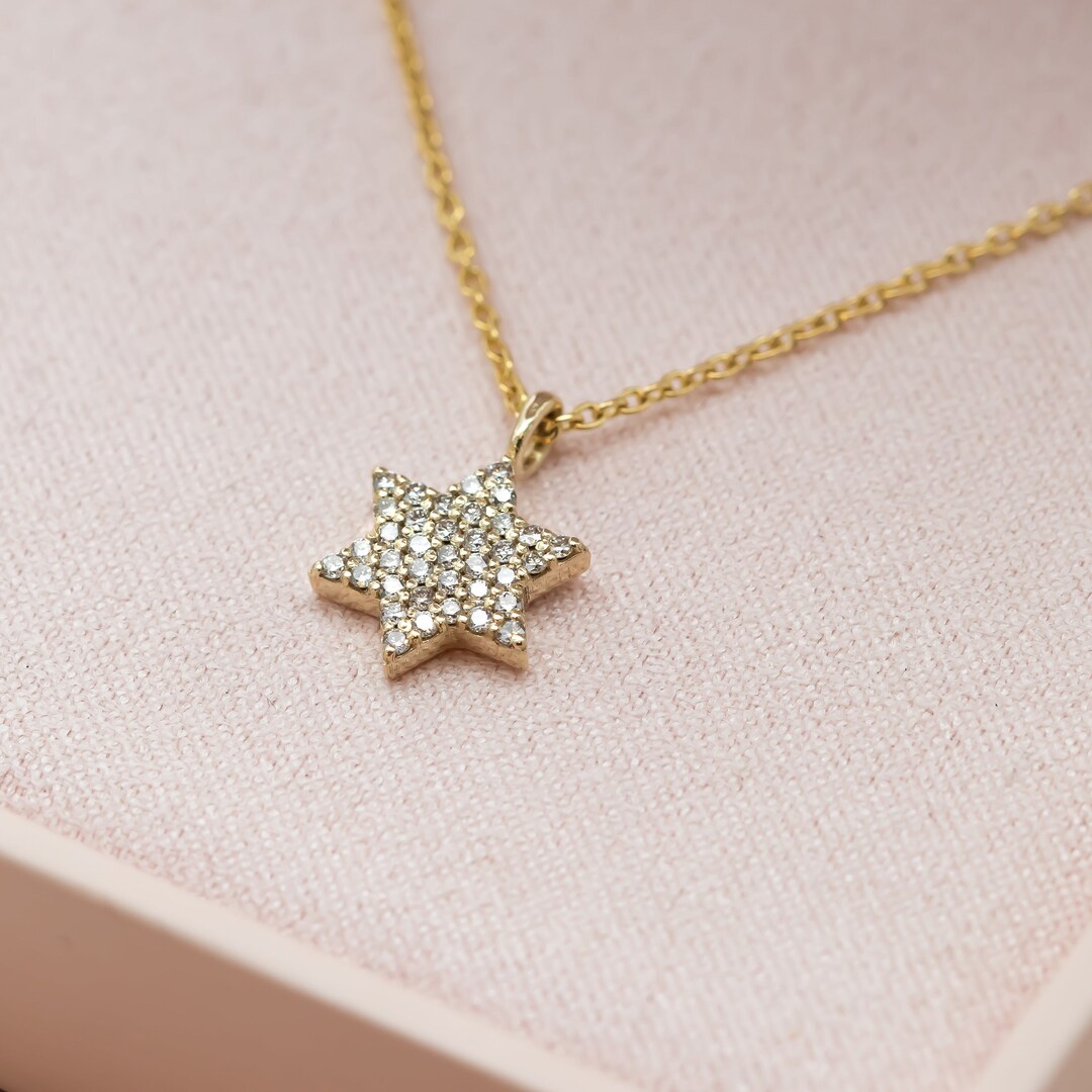 Magen David Diamond Necklace, 14K Gold Star of David Pendant Necklace ...