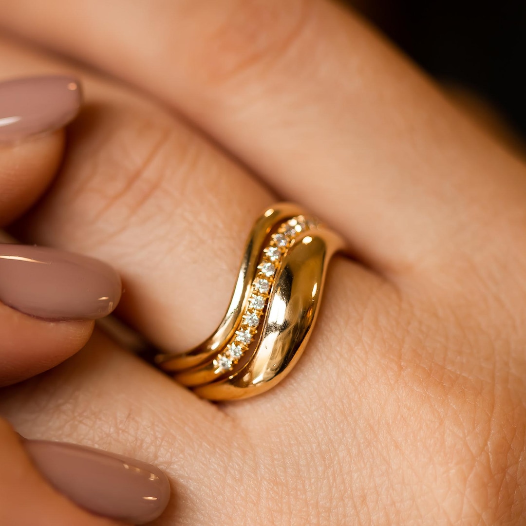 Wave Diamond Ring Set, Three-ring Bridal Set, 14k Gold Diamond Ring Set ...