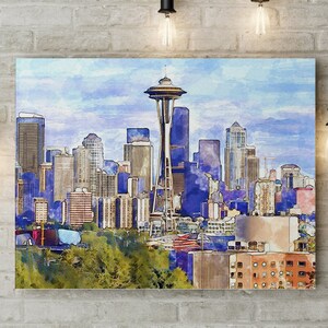Seattle Watercolor Panorama, Watercolor Painting, Seattle Cityscape ...