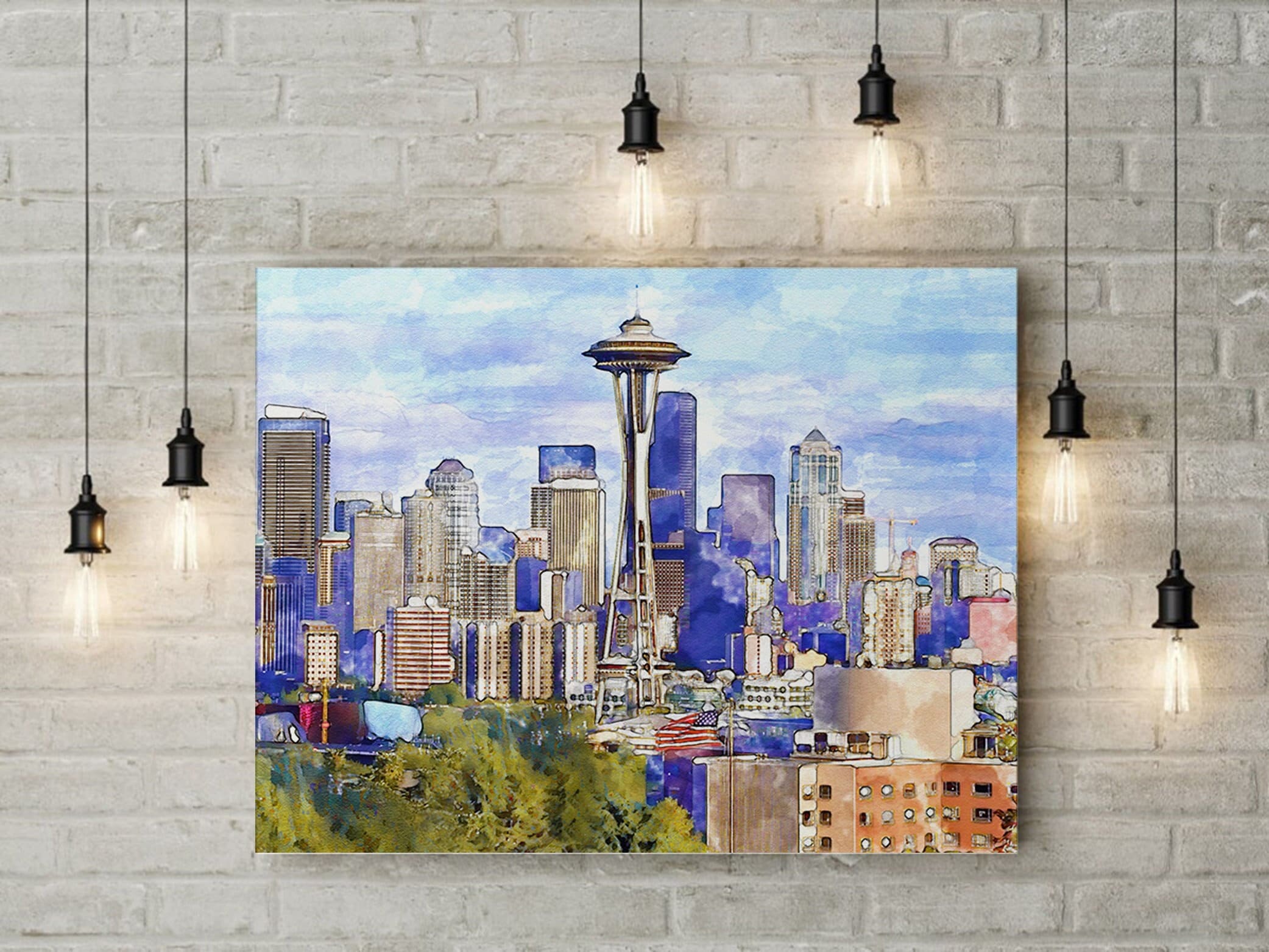 Seattle Watercolor Panorama, Watercolor Painting, Seattle Cityscape ...