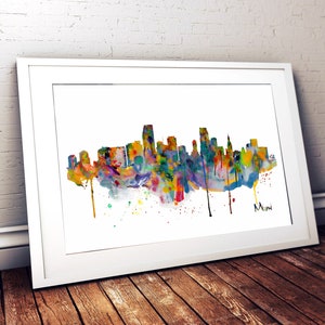Miami Skyline, Florida, Watercolor Painting, Affordable Printable Art ...