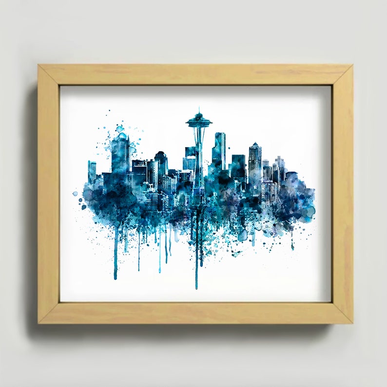 Seattle Blue Skyline Painting Printable Living Room Wall Art - Etsy