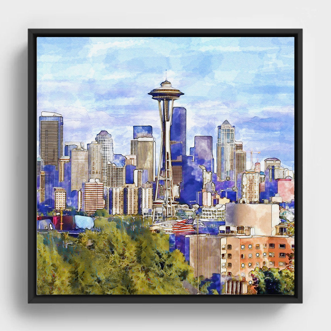 Seattle Watercolor Panorama, Watercolor Painting, Seattle Cityscape ...