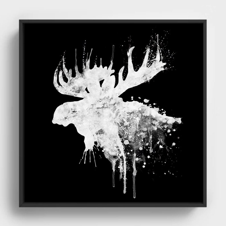 Moose Head, White Silhouette, Black Background, Printable Art, Wildlife ...