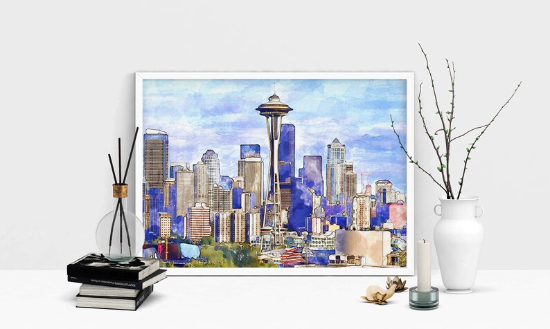 Seattle Watercolor Panorama, Watercolor Painting, Seattle Cityscape ...