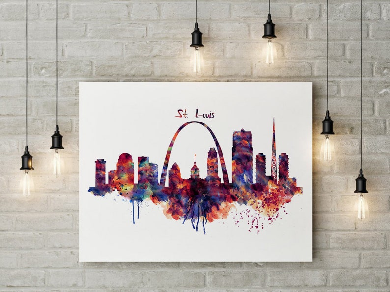 St Louis Skyline Watercolor: Missouri Cityscape Silhouette, Urban Wall ...