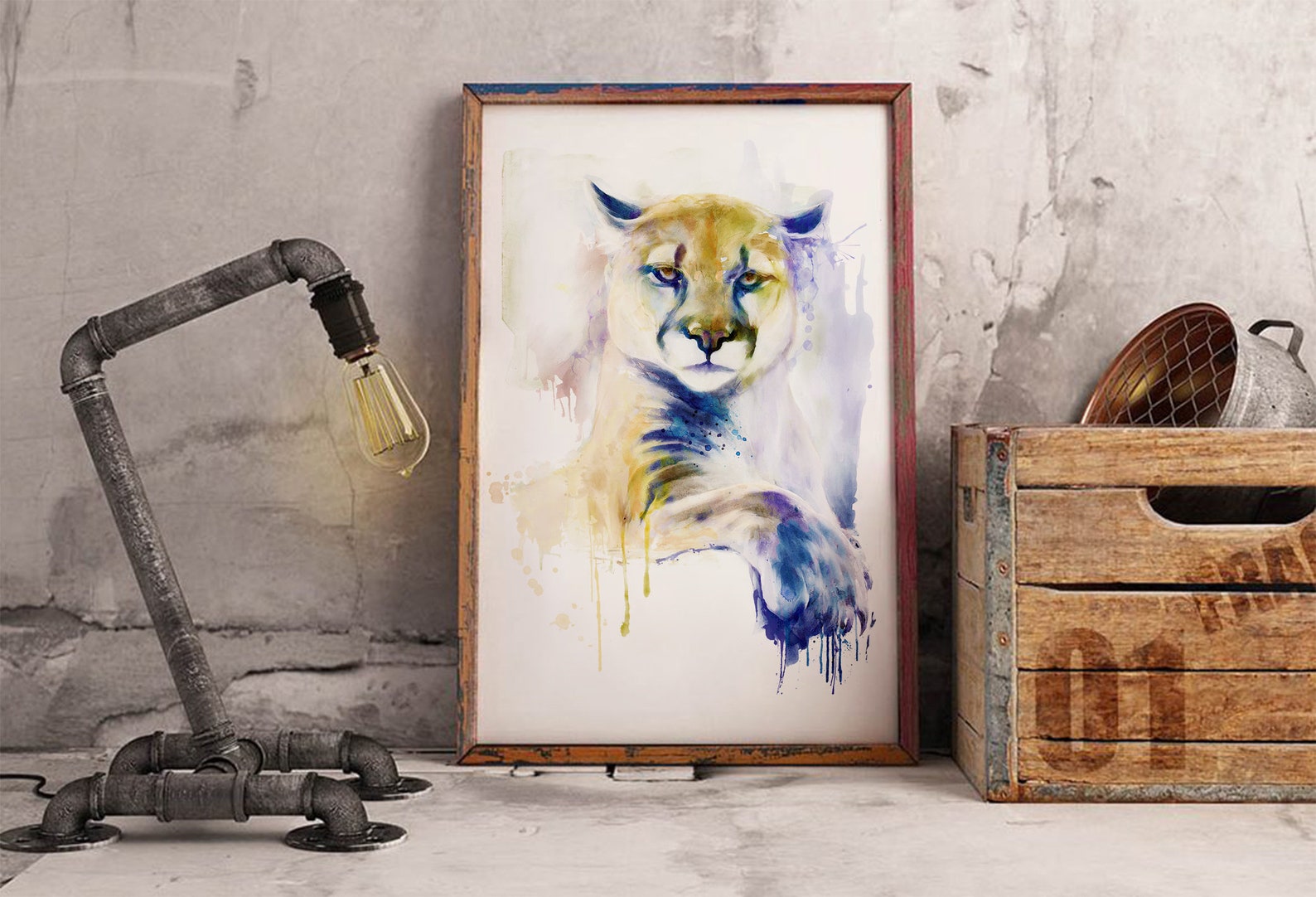 Resting Cougar Watercolor Painting Feline Printable Wall Art Poster ...