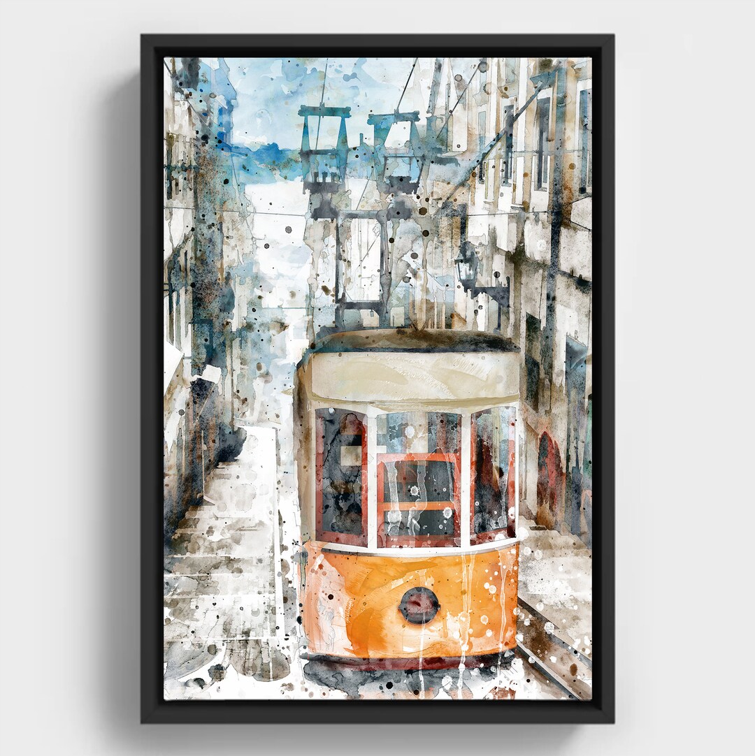 Lisbon Yellow Tram Printable Watercolor Cityscape Painting Lisbon Wall ...