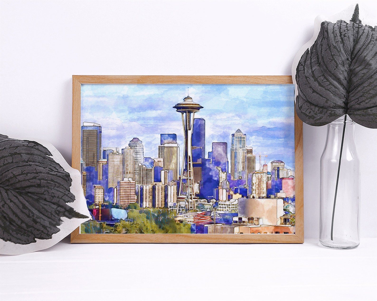 Seattle Watercolor Panorama, Watercolor Painting, Seattle Cityscape ...