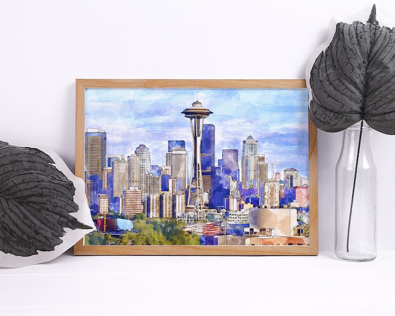 Seattle Watercolor Panorama, Watercolor Painting, Seattle Cityscape ...