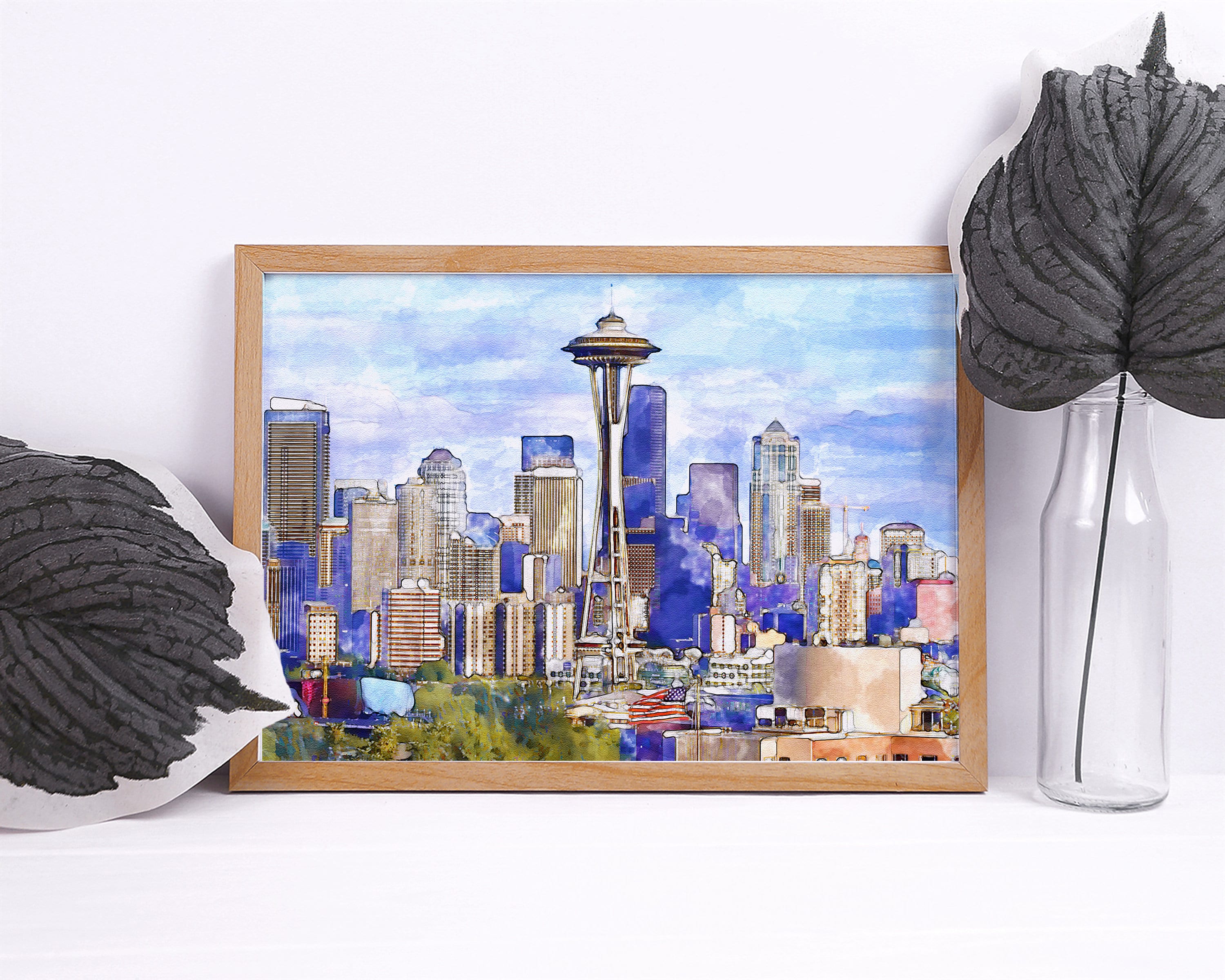 Seattle Watercolor Panorama, Watercolor Painting, Seattle Cityscape ...