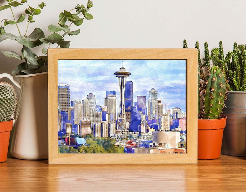 Seattle Watercolor Panorama, Watercolor Painting, Seattle Cityscape ...