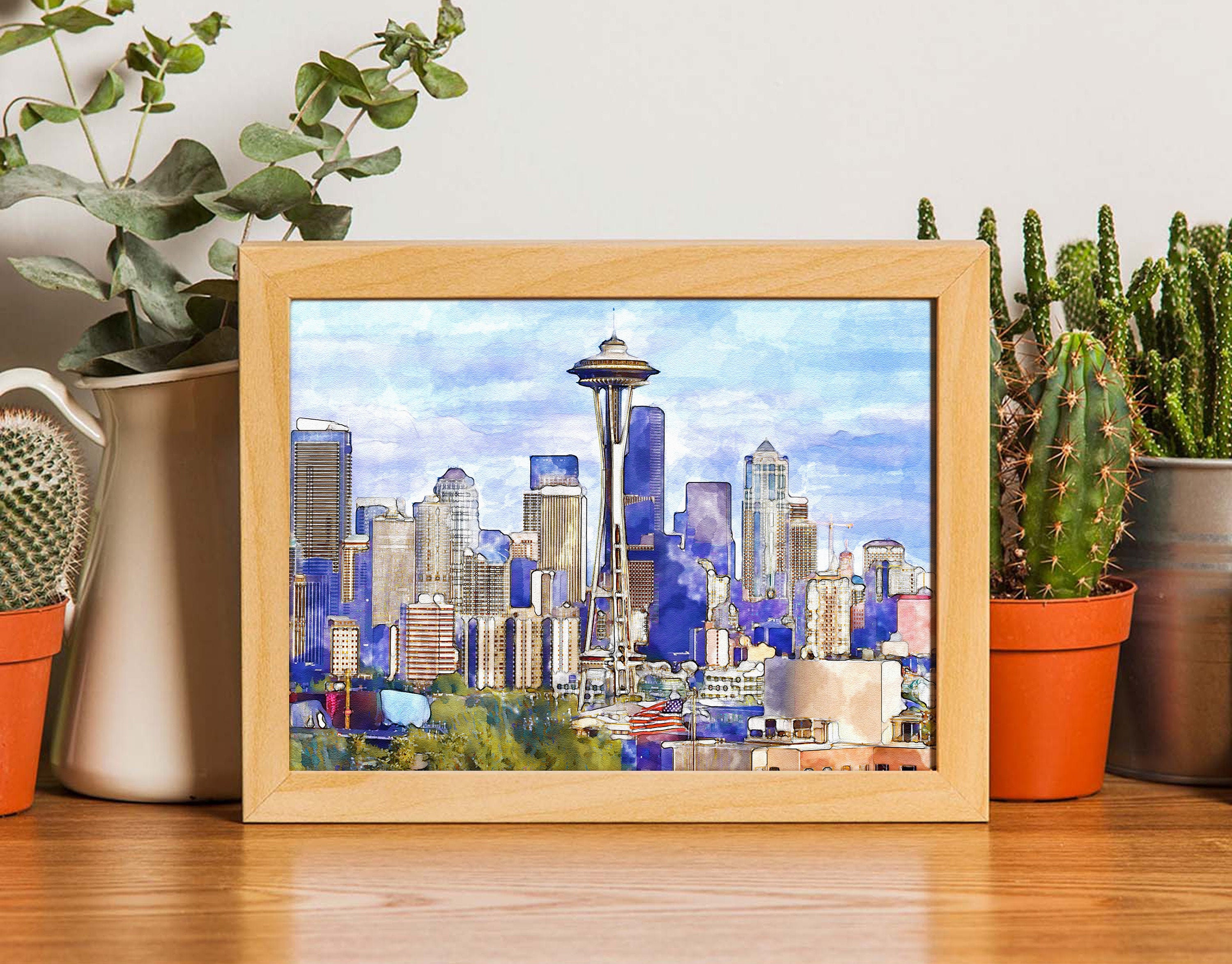 Seattle Watercolor Panorama, Watercolor Painting, Seattle Cityscape ...