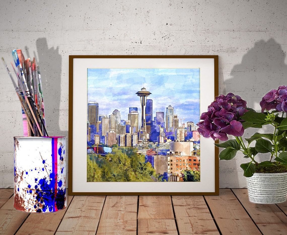 Seattle Watercolor Panorama Watercolor Painting Seattle | Etsy