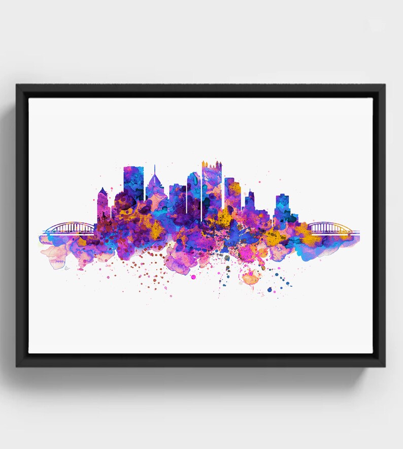 Printable Pittsburgh Skyline Silhouette Watercolor Painting Wall Art ...
