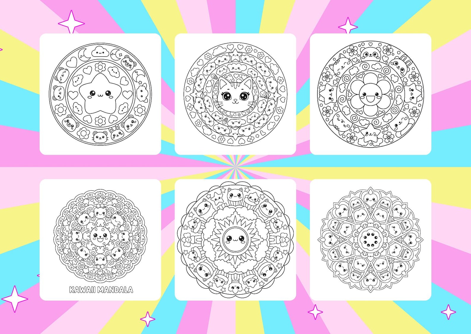 Kawaii Mandala Coloring Pages for Kids and Adults, Cute Anime Style ...