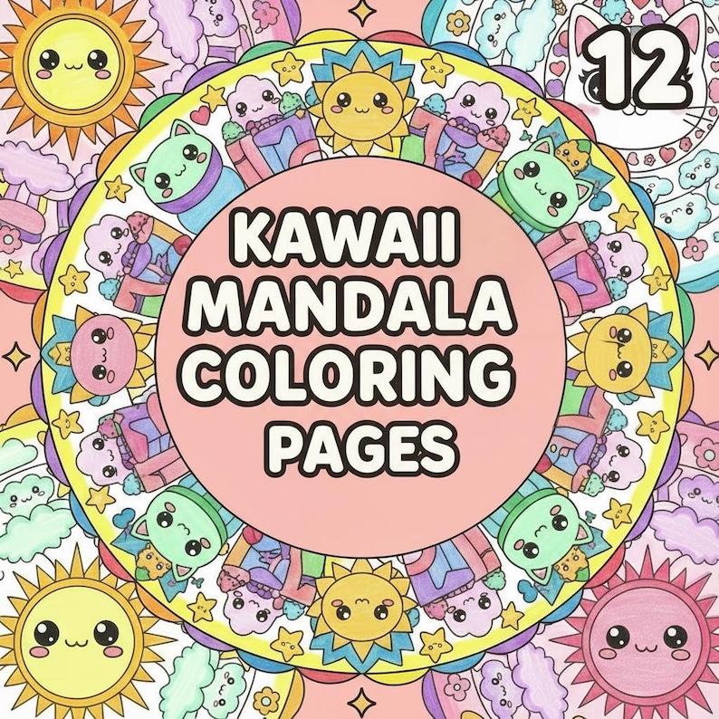 Kawaii Mandala Coloring Pages for Kids and Adults, Cute Anime Style ...