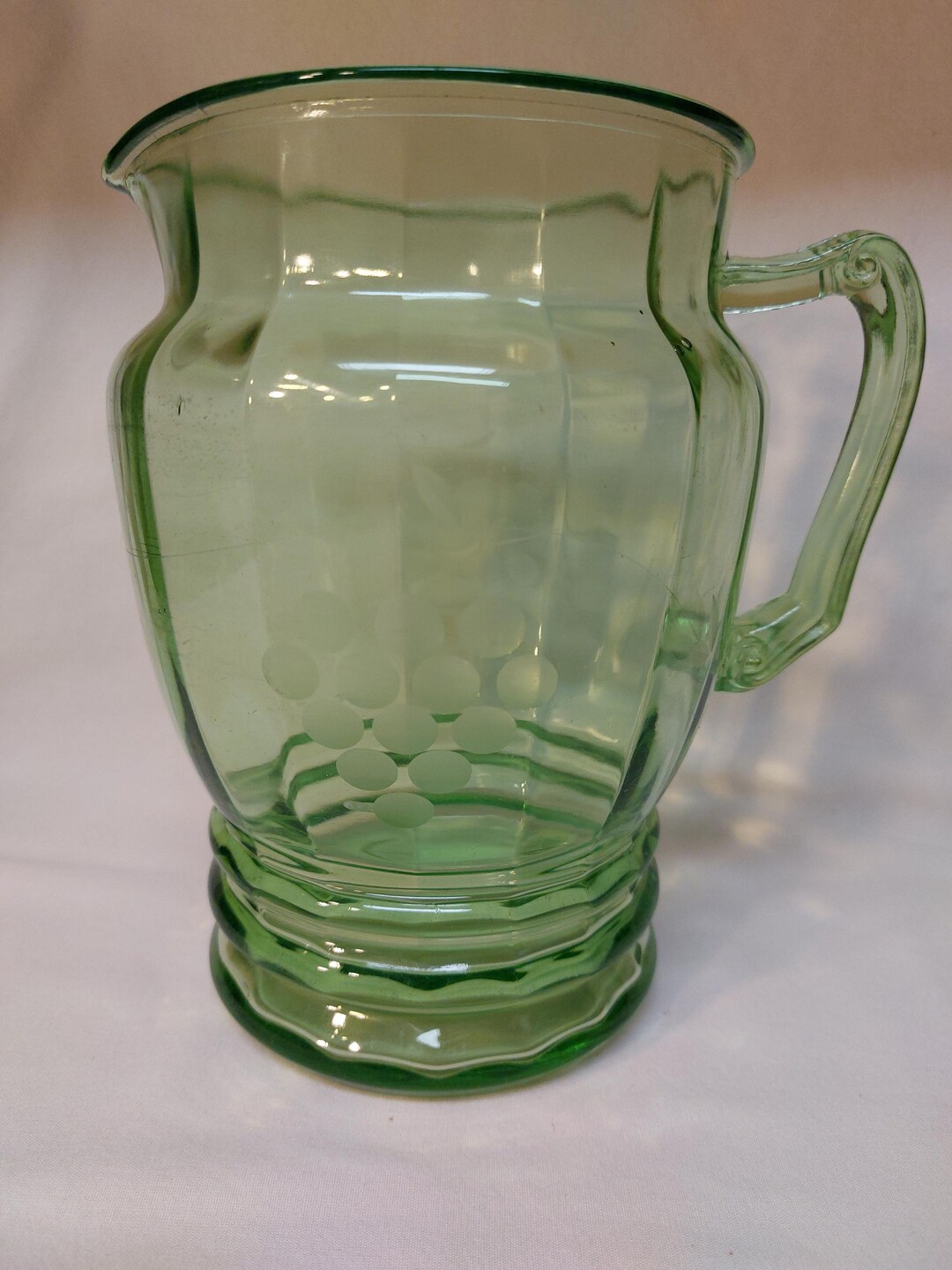 Vintage Green Depression Glass Etched Pitcher / Uranium Glass ...