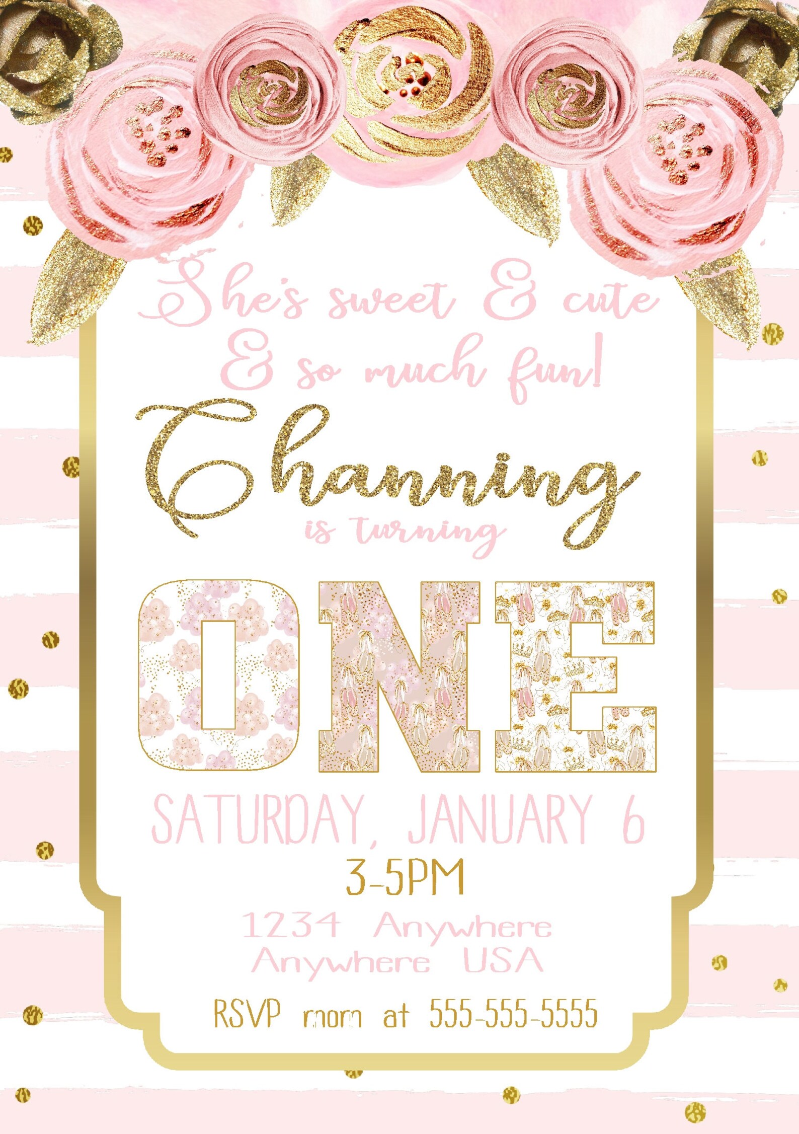 PINK GOLD Birthday Invitation ONE Birthday Invitation - Etsy