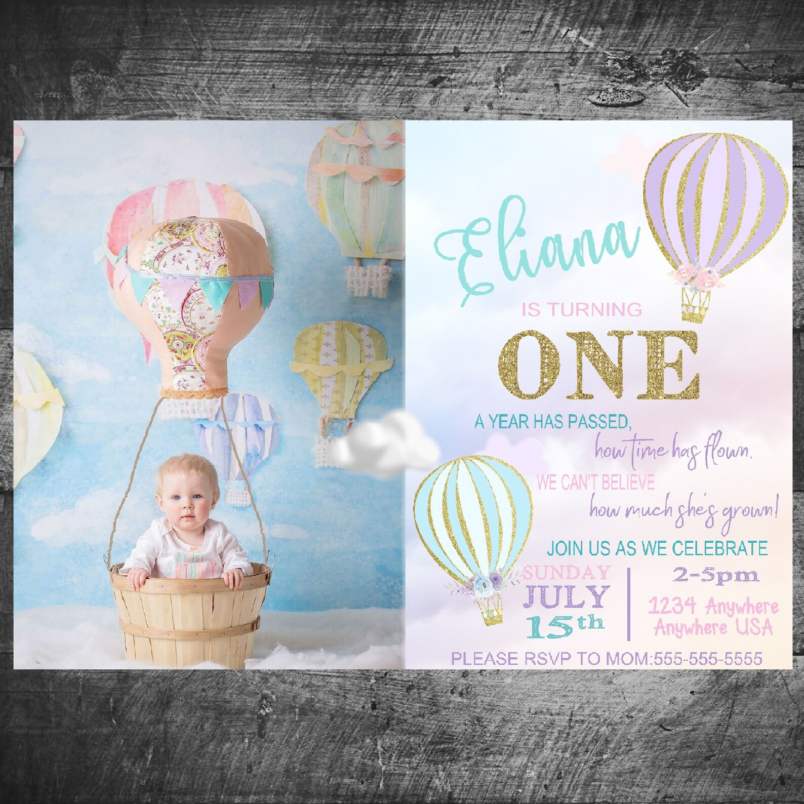 Hot Air Balloon Invitation, First Birthday up up & Away Invite, Baby ...