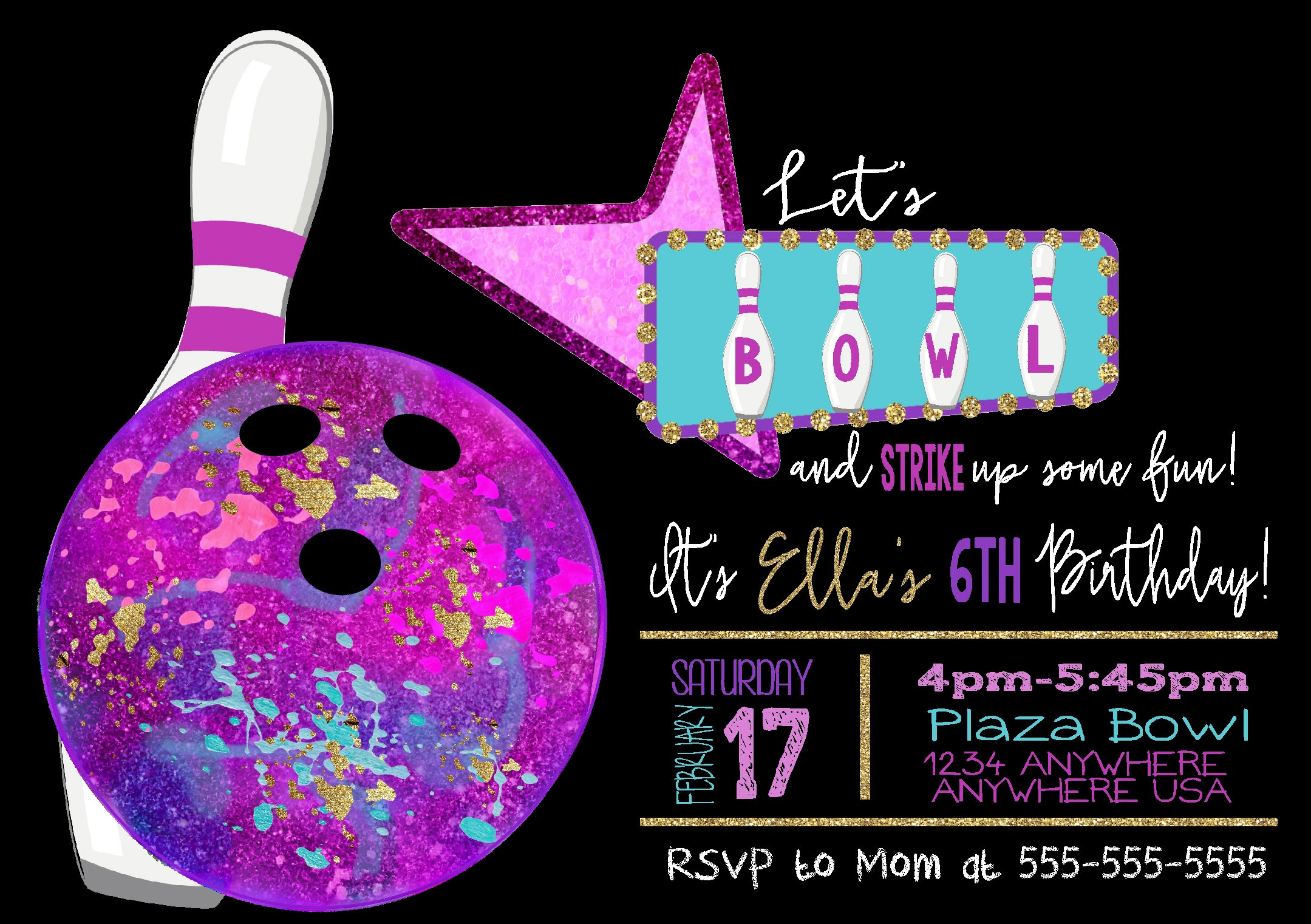 Bowling Birthday Party Invitation Cosmic Bowling Party | Etsy