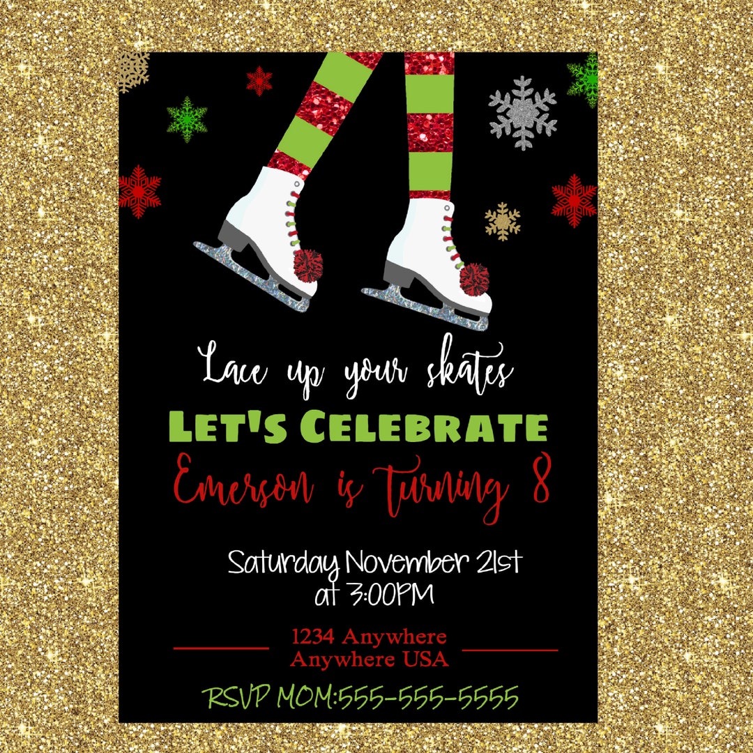 Ice Skating Birthday Invitation, Christmas Ice Skating Party, Glitter ...