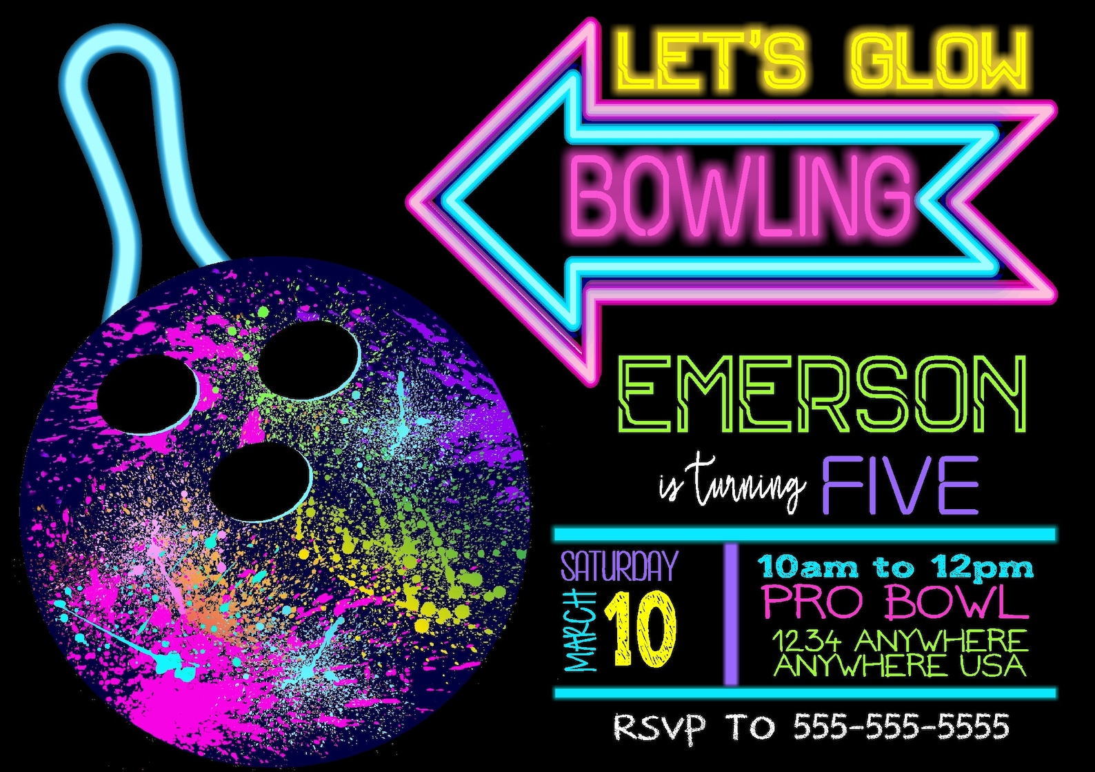 Neon Bowling Birthday invitation Glow Bowling invitation | Etsy