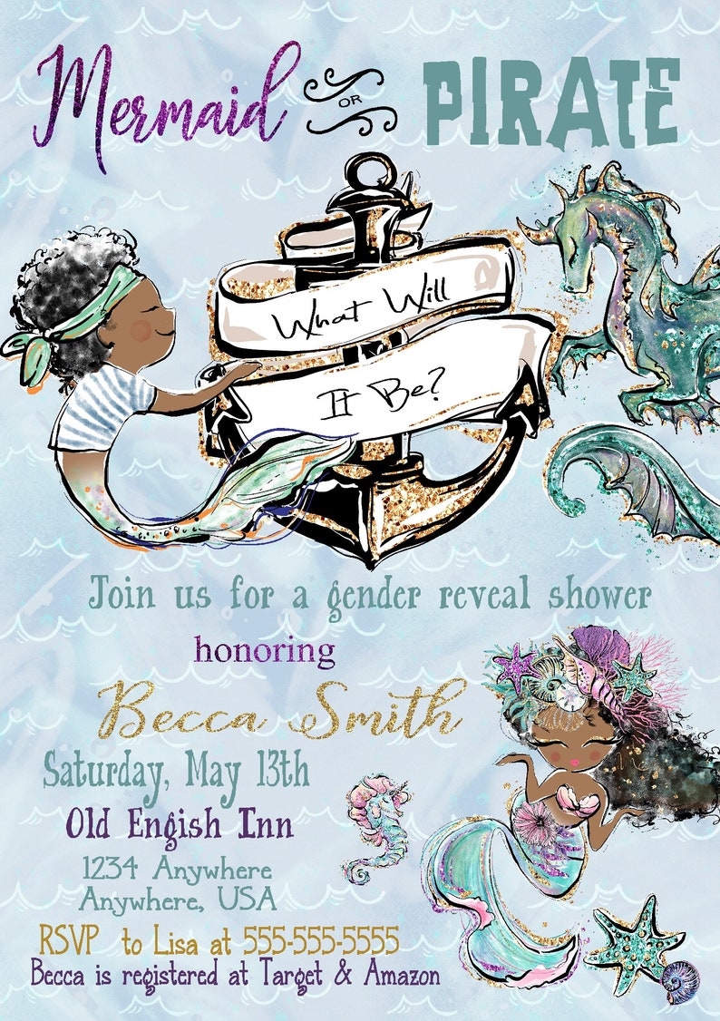 Baby Shower Invites Gender Reveal Mermaid or Pirate Gender | Etsy